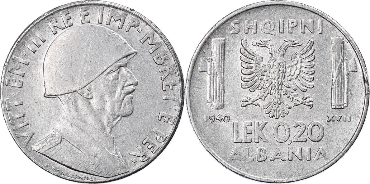 Albania 0.20 Lek 1940 R Coin, Vittorio Emanuele III, Rome, Stainless AU ...