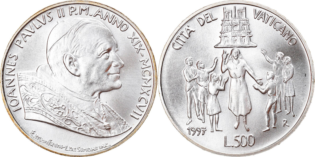 VATICAN CITY 500 Lire 1997 Roma Coin, John Paul II, Roma, Silver MS(65 ...