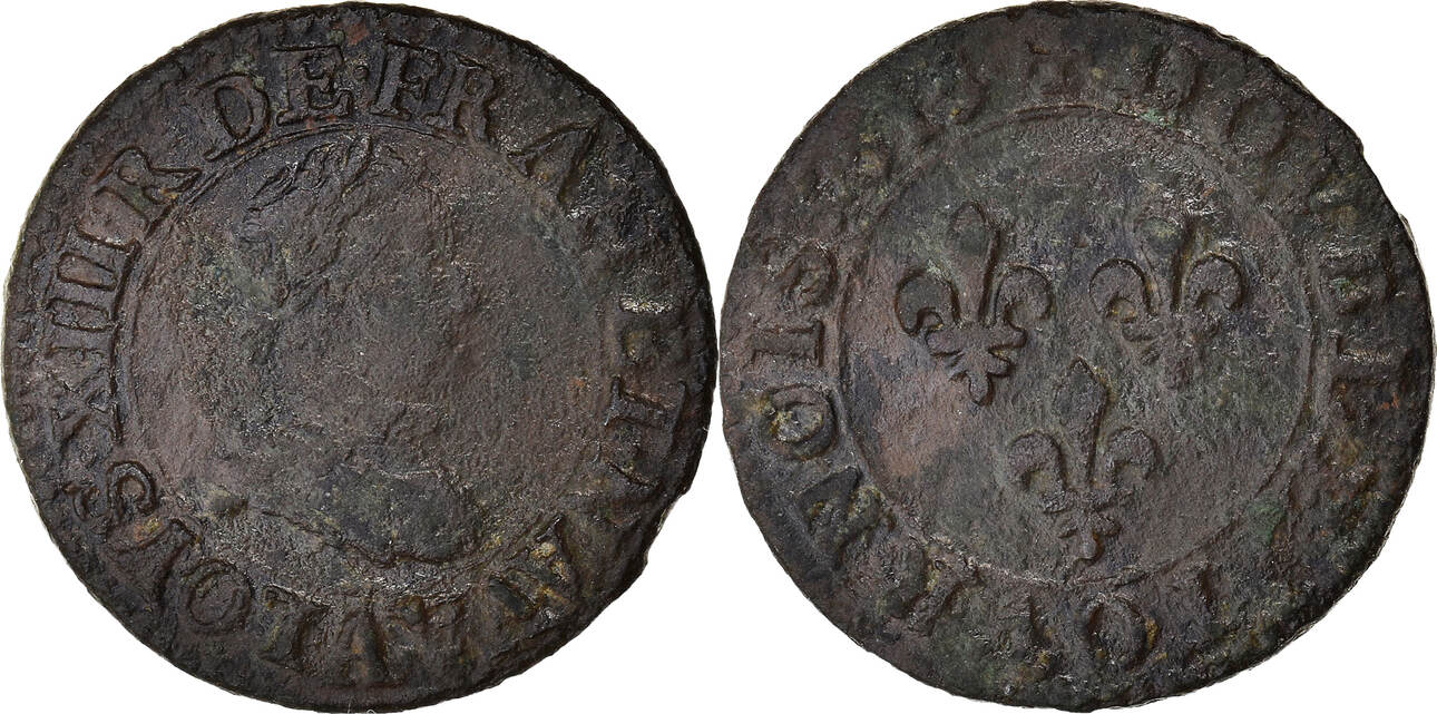 France Double Tournois 1613 Paris Coin, Louis XIII, Paris, Copper EF(40 ...