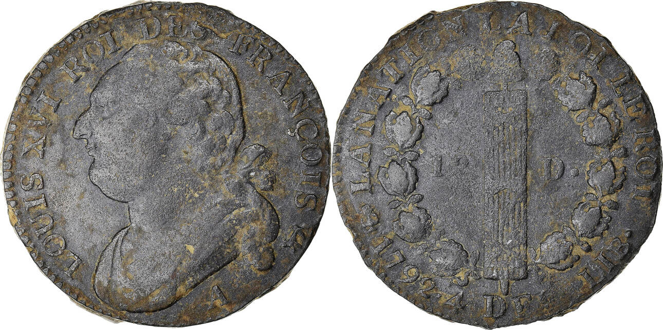France 1792 A Coin, 12 deniers françois, Paris, Bronze AU(50-53) | MA-Shops