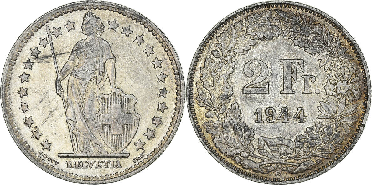 Switzerland 2 Francs 1944 B Coin, Silver, KM:21 AU(55-58) | MA-Shops