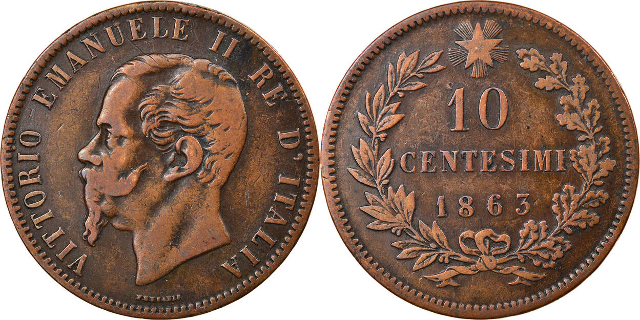 Italy 10 Centesimi 1863 Milan Coin, Vittorio Emanuele II, Milan, Copper ...