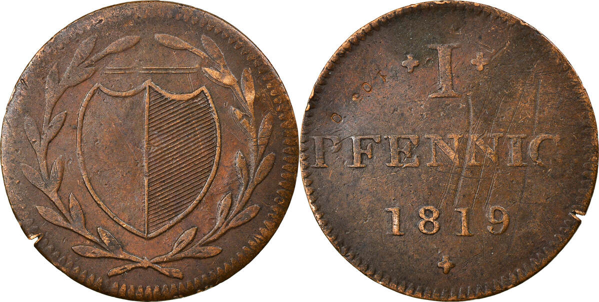 German States Pfennig 1819 Coin, FRANKFURT AM MAIN, Copper, KM:Tn7 VF ...
