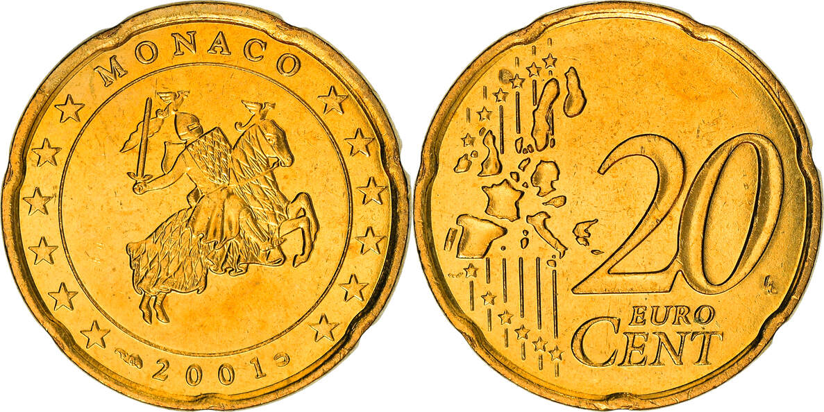 Monaco 20 Euro Cent 2001 (a) Paris, Brass, KM:171 MS(63) | MA-Shops