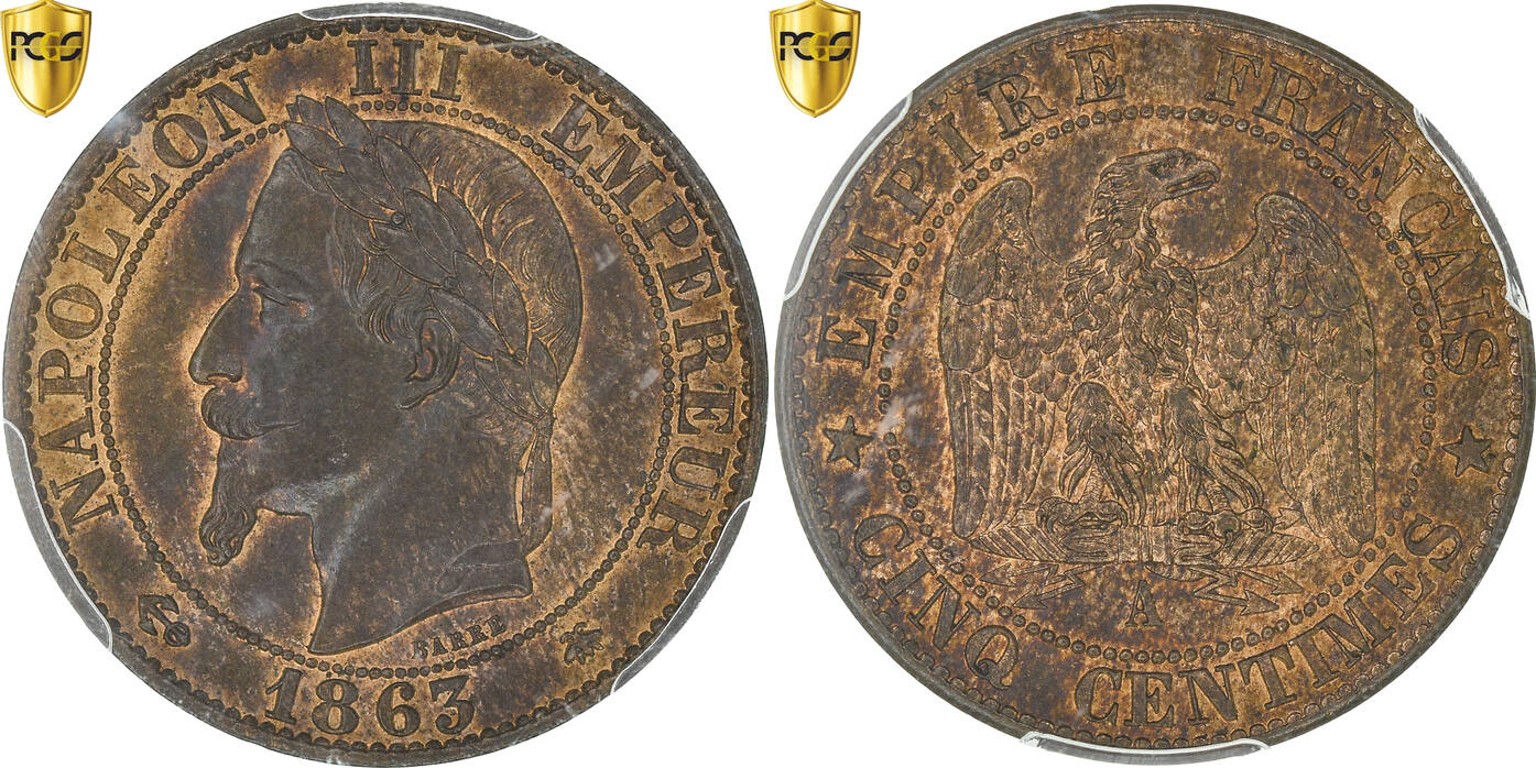 France 5 Centimes 1863 A Coin, Napoleon III, Napoléon III, Paris, PCGS ...