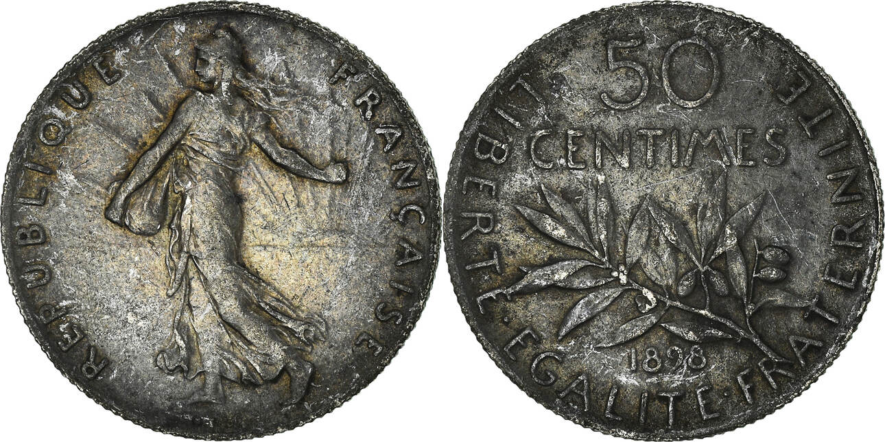 France 50 Centimes 1898 Paris Coin, Semeuse, Paris, Silver, KM:854 AU(55-58) | MA-Shops