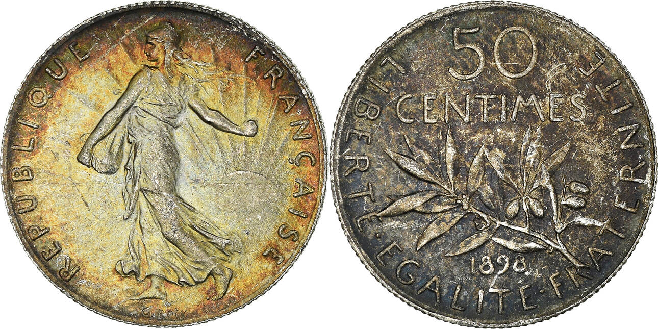 France 50 Centimes 1898 Paris Coin, Semeuse, Paris, Silver, KM:854 MS(60-62) | MA-Shops