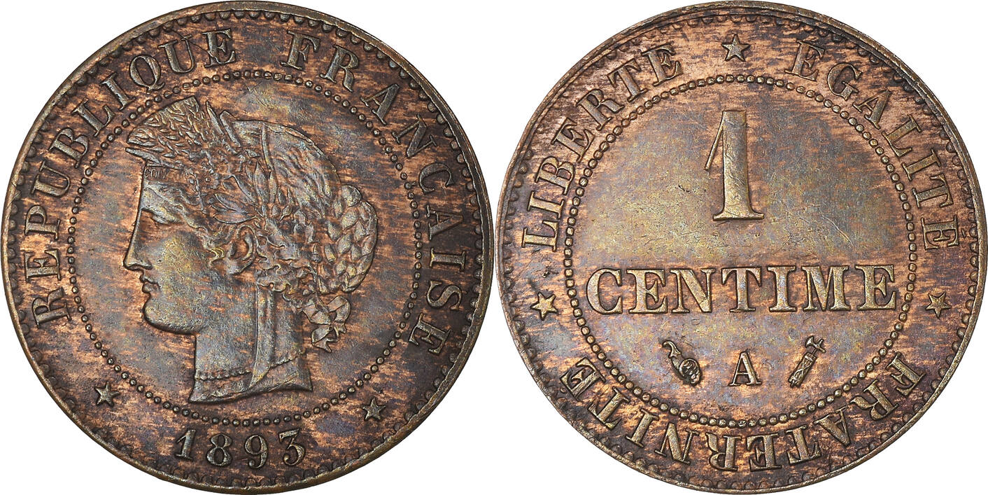 France Centime 1893 A Coin, Cérès, Paris, Bronze, KM:826.1 MS(60-62 ...