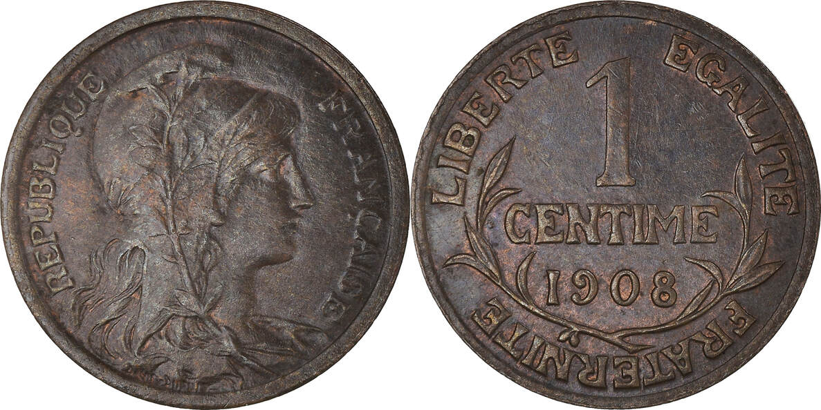 France Centime 1908 Paris Coin, Dupuis, Paris, Bronze, KM:840 AU(55-58 ...
