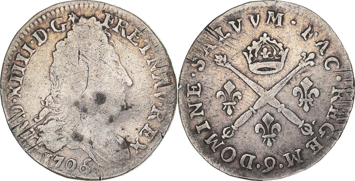 France 10 Sols-1/8 Ecu 1706 Rennes Coin, Louis XIV, 10 Sols aux ...