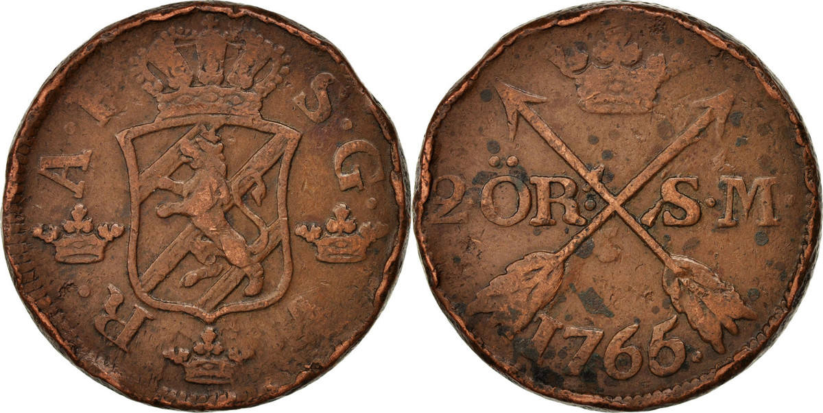 Sweden 2 Ore, S.M. 1765 Coin, Adolf Frederick, Copper, KM:461 VF(20-25 ...