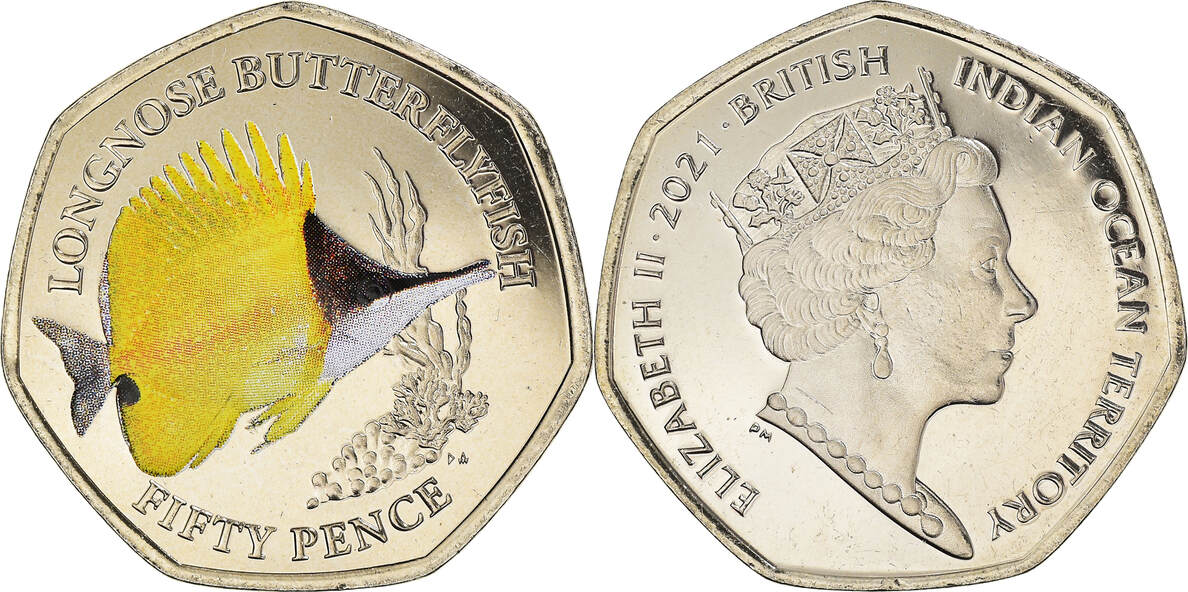 British Indian Ocean 50 Pence 2021 Coin, Longnose Butterflyfish., FDC ...