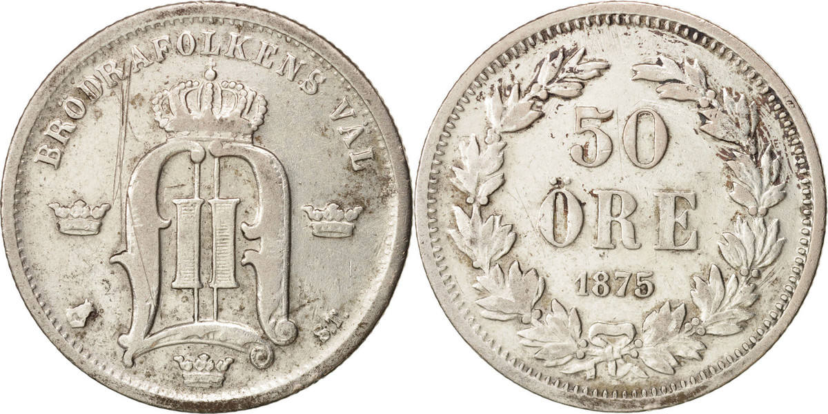 Sweden 50 Öre 1875 Coin, Oscar II, Silver, KM:740 VF(30-35) | MA-Shops