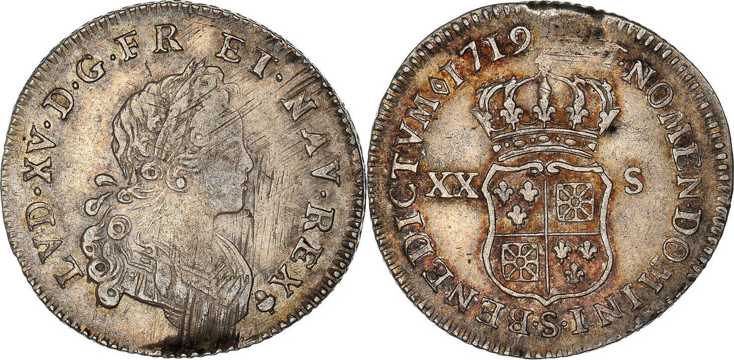 20 Sols, 1/6 ECU 1719 S Coin, Louis XV, 1/6 Écu (XX – S) de France ...