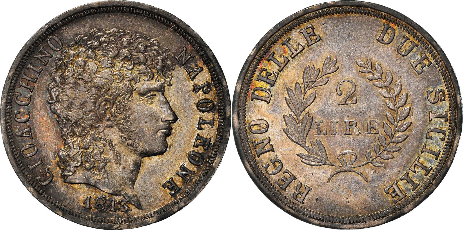 ITALIAN STATES 2 Lire 1813 A Coin, NAPLES, Joachim Murat, Silver AU(55 ...