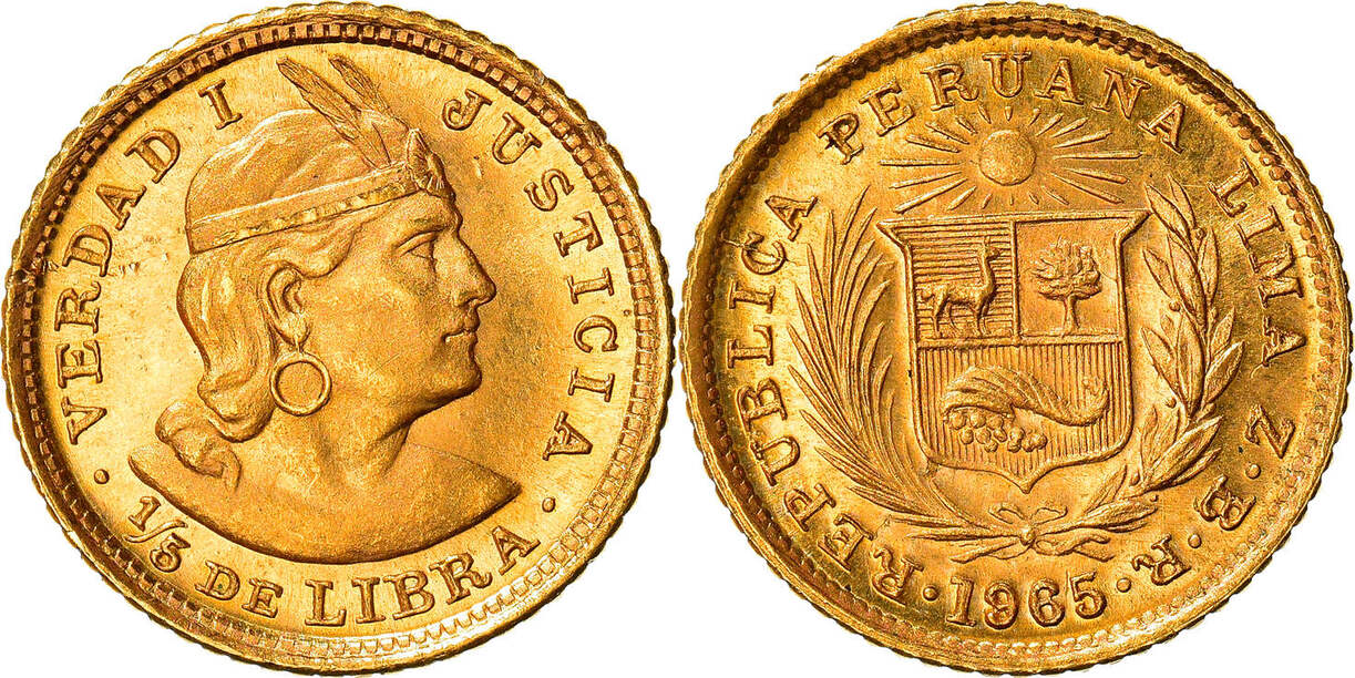 Peru 1/5 Libra, Pound 1965 Lima Coin, Lima, Gold, KM:210 MS(63) | MA-Shops