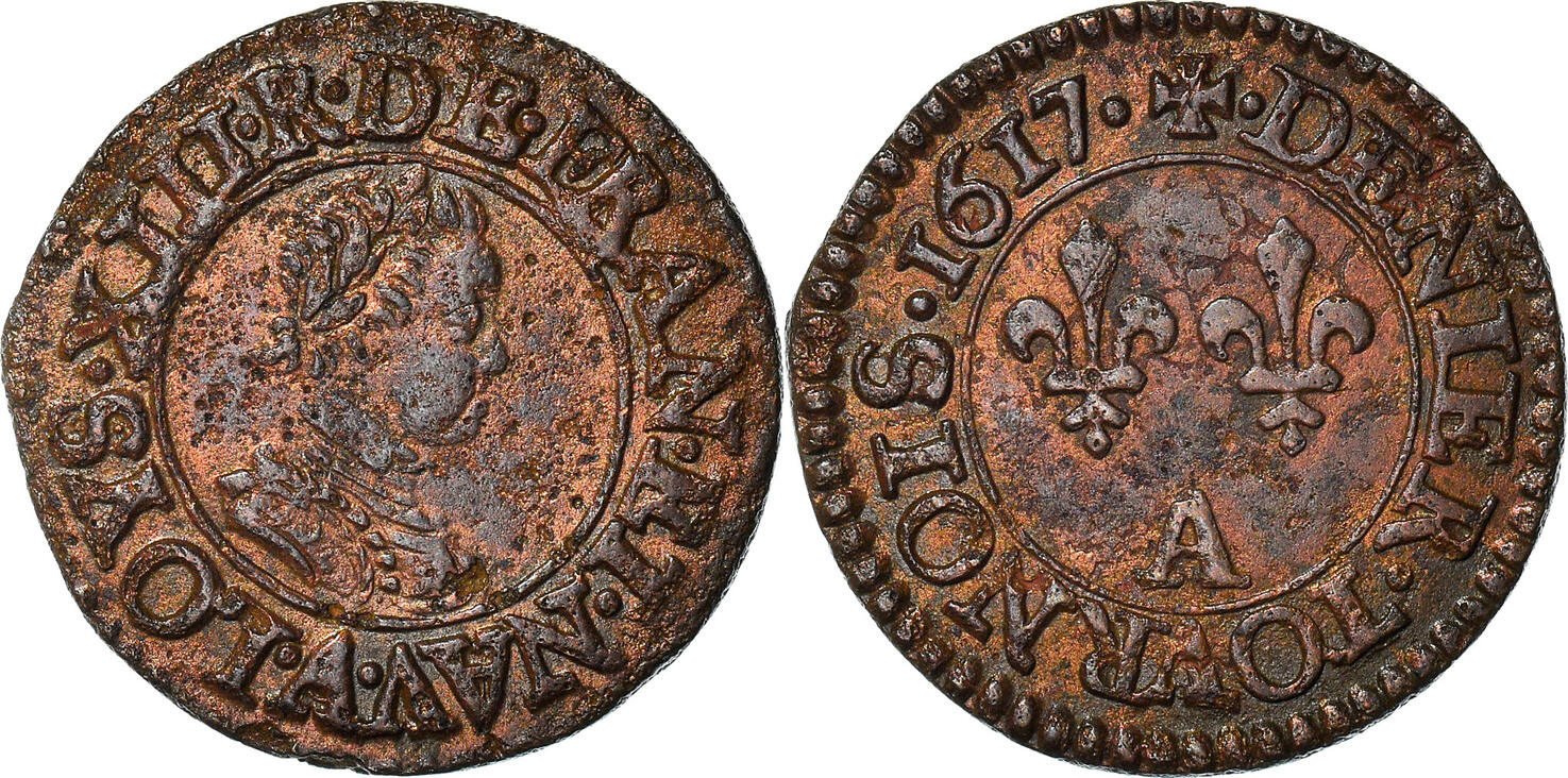 France Denier Tournois 1617 Paris Coin, Louis XIII, Paris, Copper AU(50 ...