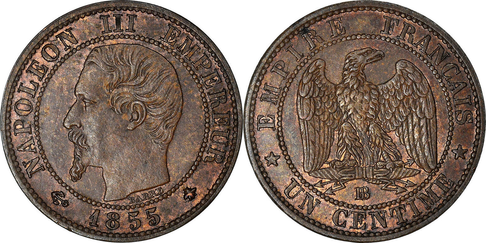 France Centime 1855 BB Coin, Napoleon III, Napoléon III, Strasbourg MS ...