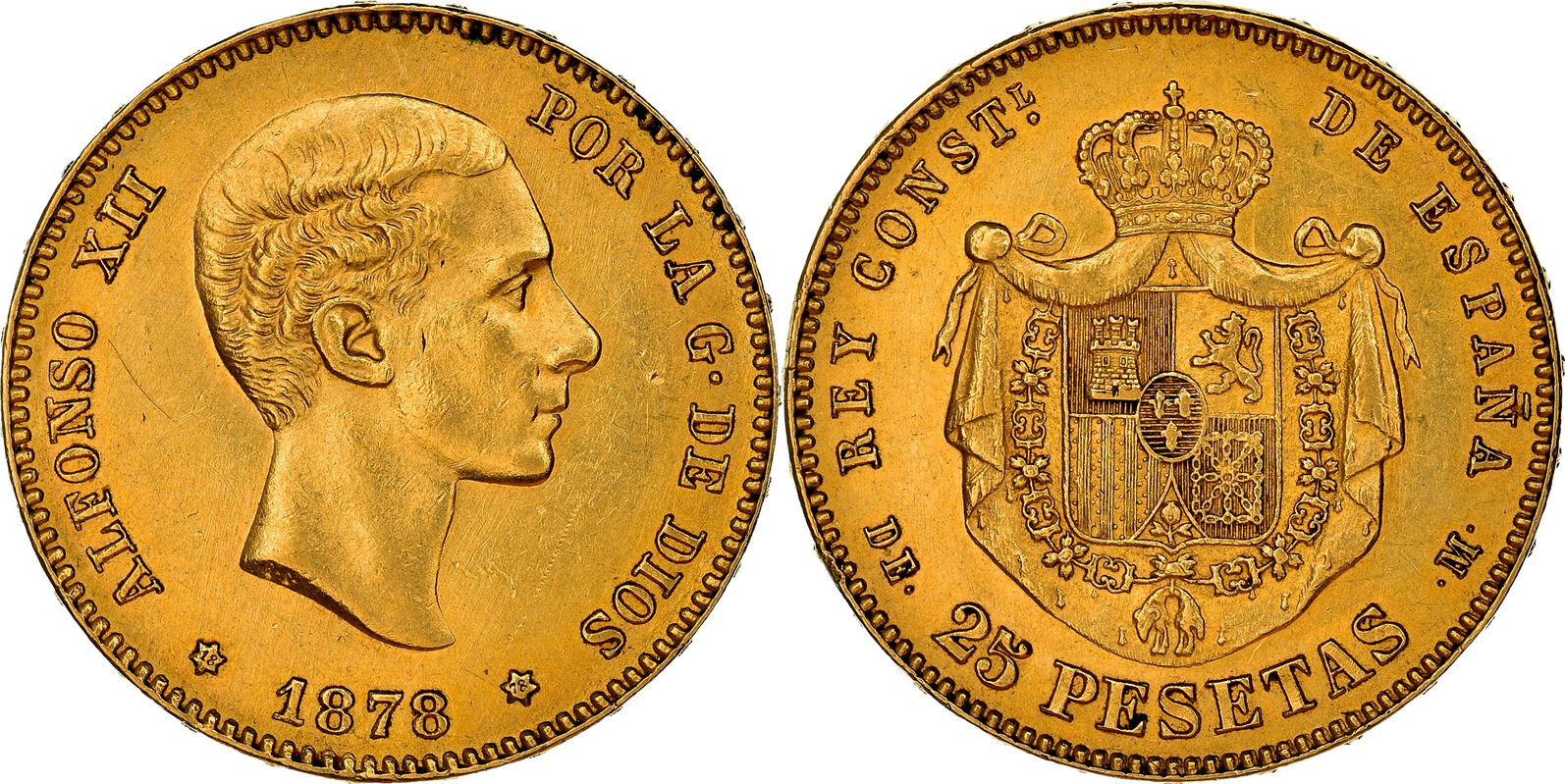 Spain 25 Pesetas 1878 Madrid Coin, Alfonso XII, Madrid, Gold, KM:673 AU ...