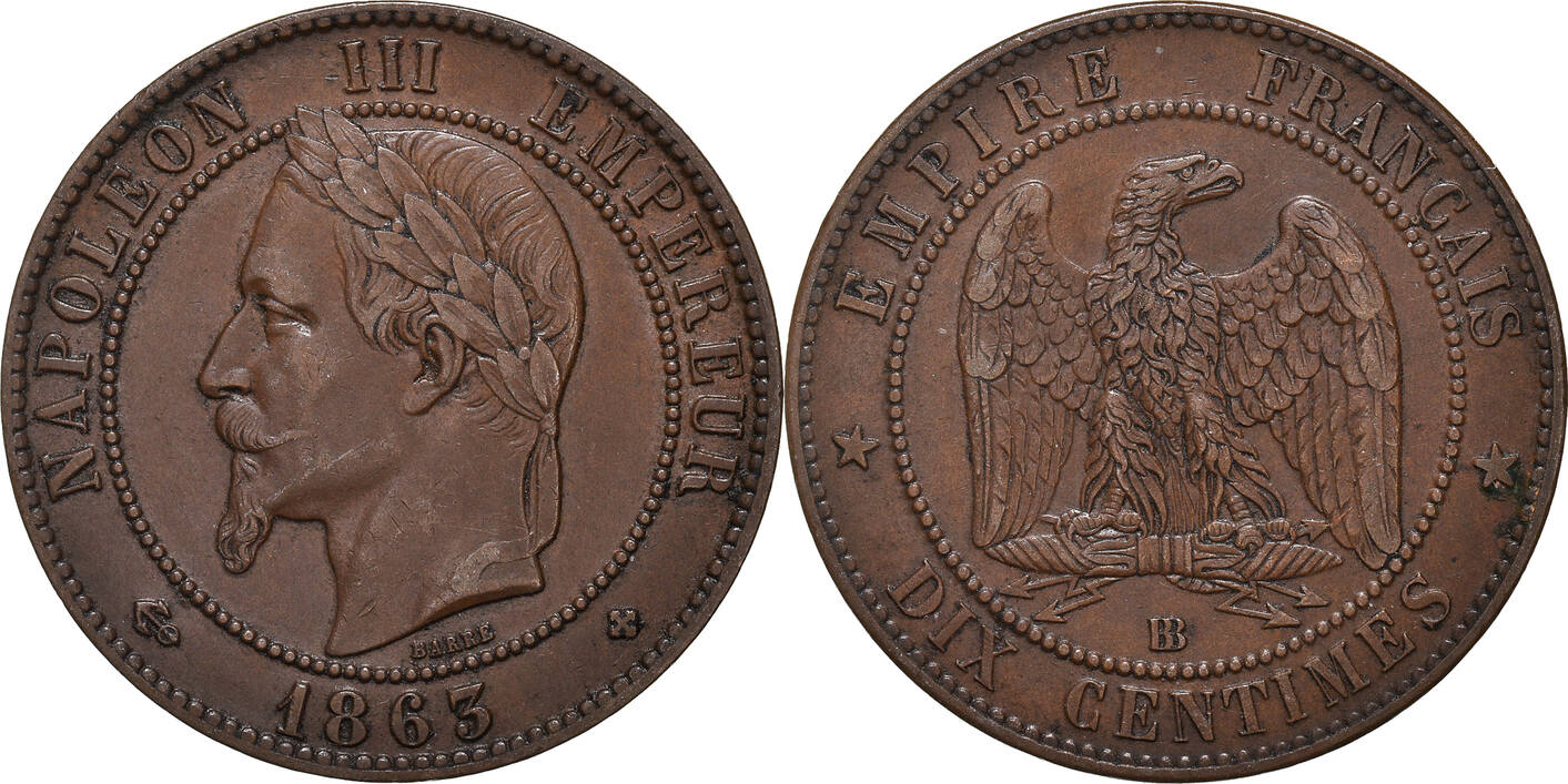 France 10 Centimes 1863 BB Coin, Napoleon III, Napoléon III, Strasbourg ...