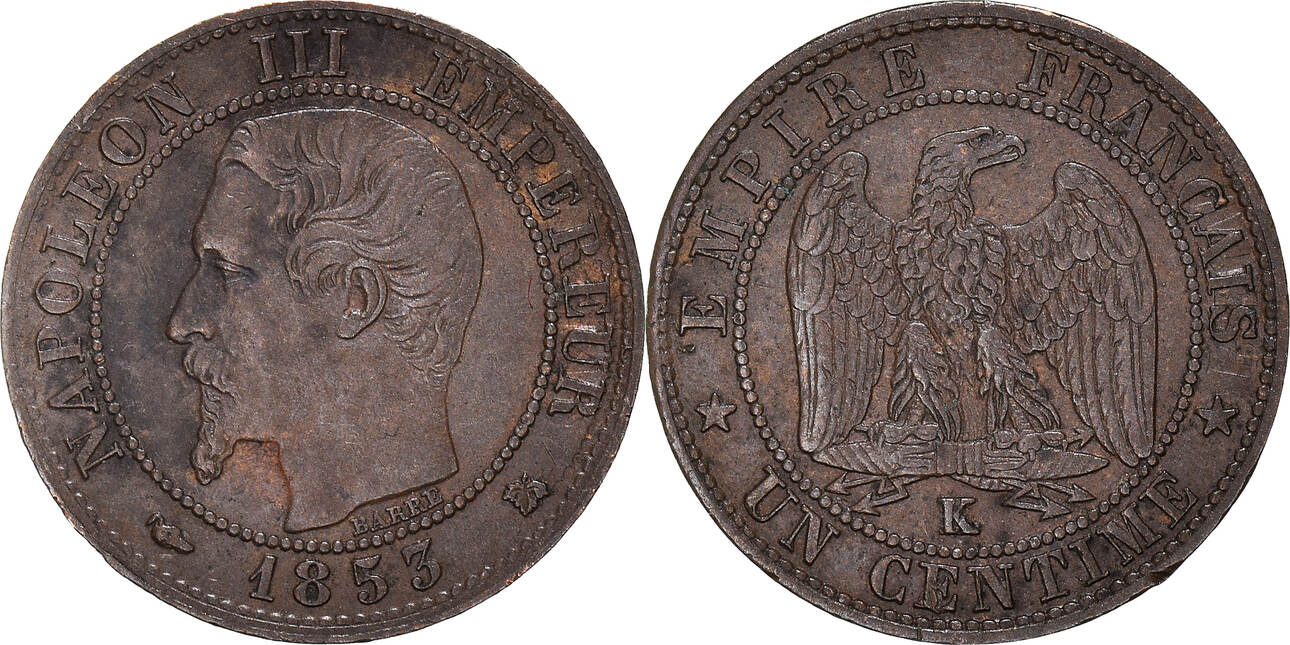 France Centime 1853 K Coin, Napoleon III, Napoléon III, Bordeaux AU(50 ...