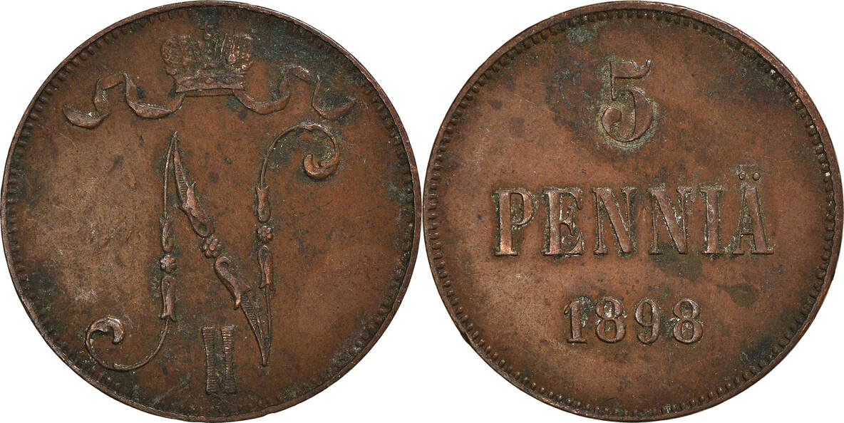 Finland 5 Pennia 1898 Coin, Nicholas II, Copper, KM:15 EF(40-45) | MA-Shops
