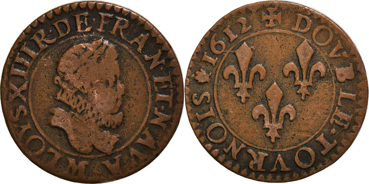 France Double Tournois 1612 Toulouse Coin, Louis XIII, Toulouse, Copper ...