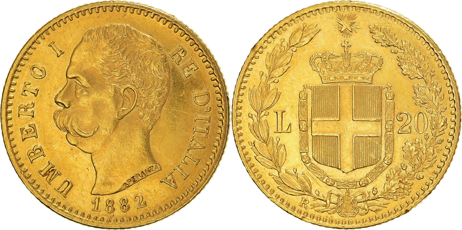 Italy 20 Lire 1882 R Coin, Umberto I, Rome, Gold, KM:21 MS(60-62) | MA ...
