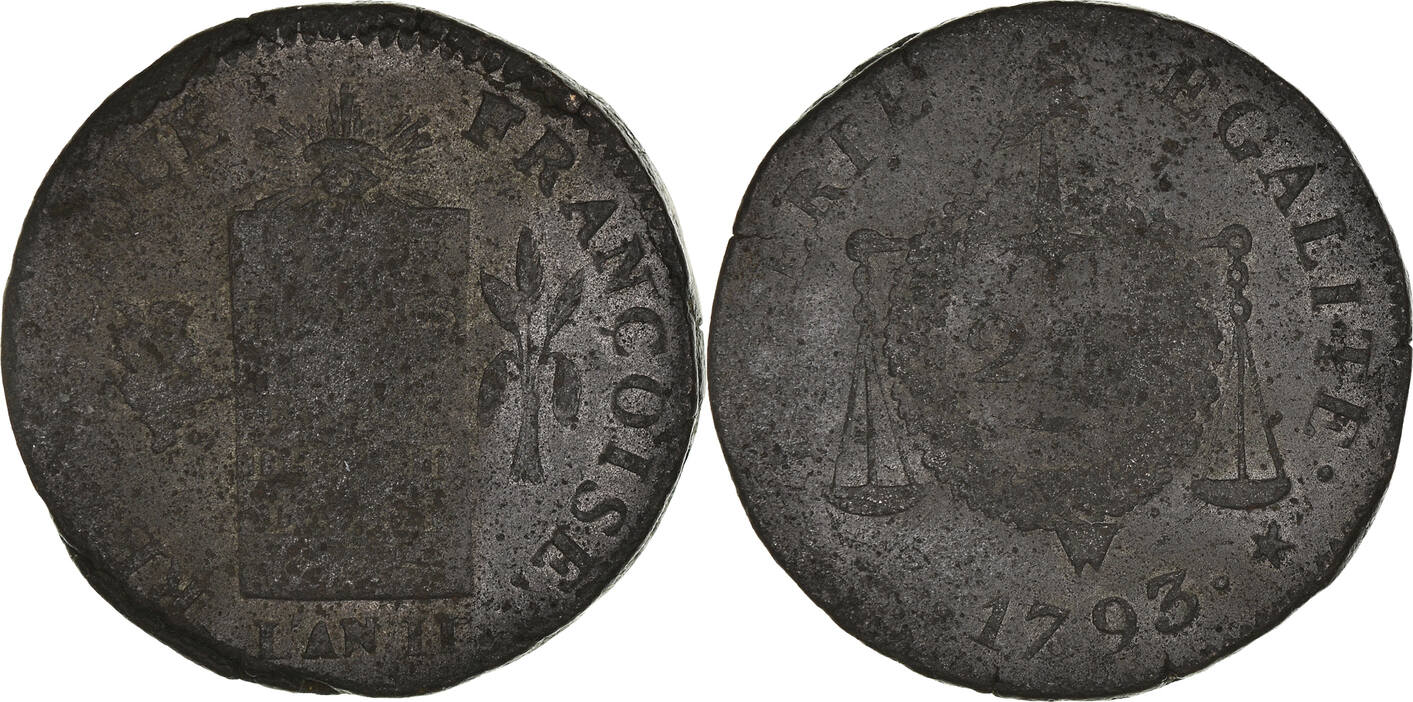 France 1793 W Coin, 2 sols aux balances daté, Lille, Bronze VF(30-35 ...
