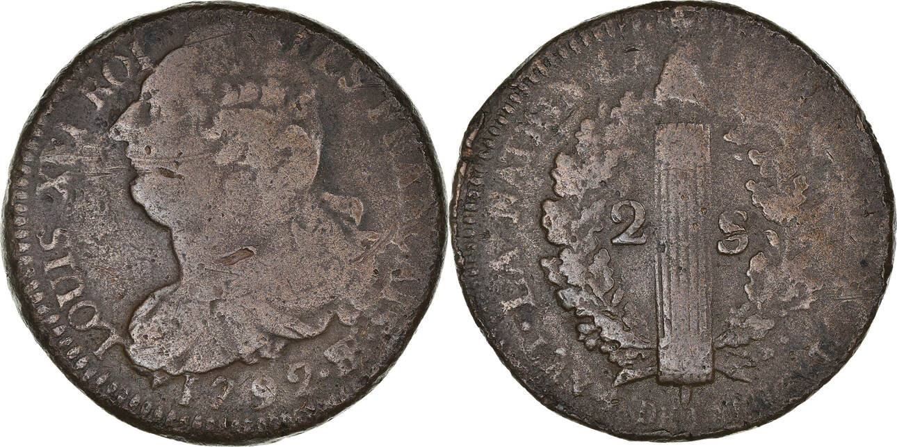 France 1792 BB Coin, Louis XVI, 2 sols français, Strasbourg VF(20-25 ...