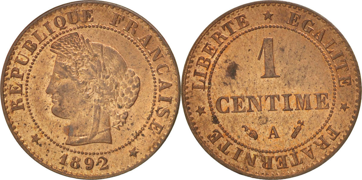 France Centime 1892 A Coin, Cérès, Paris, Bronze, KM:826.1 MS(60-62 ...