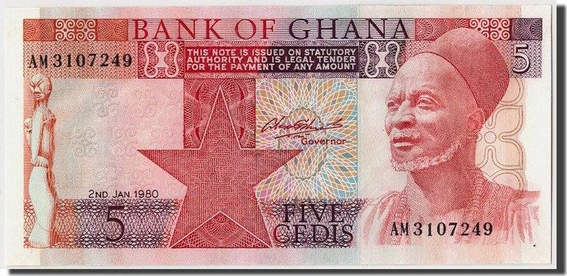 Ghana 5 Cedis 1980 Banknote, 1980-01-02, KM:19b UNC(65-70) | MA-Shops