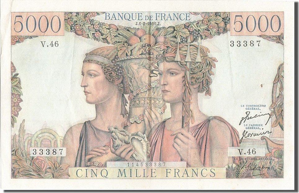 France 5000 Francs 1951 Banknote, 5 000 F 1949-1957 ''Terre et Mer'' AU ...