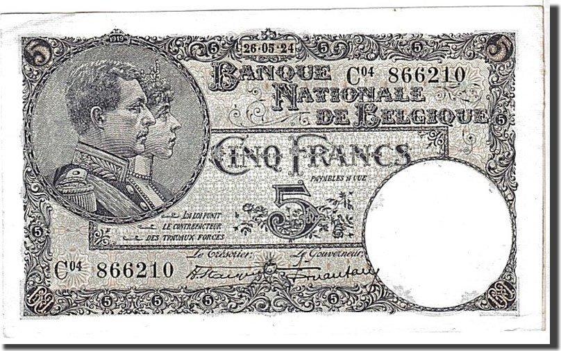 Belgium 5 Francs 1924 Banknote, KM:93 AU(50-53) | MA-Shops