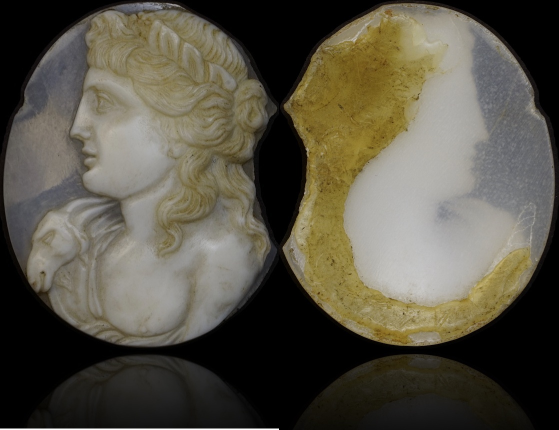 Cameo decorated with a bust of Apollo / Dionysus wearing the nebride ...