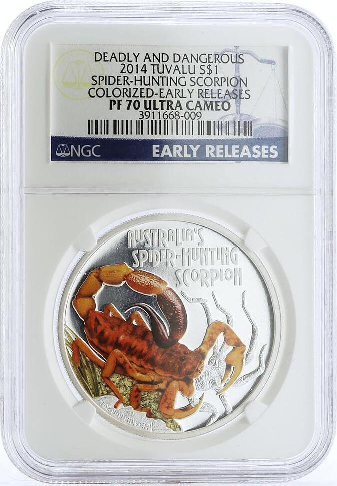 Tuvalu 1 dollar Spider Hunting Scorpion Animals Fauna PF70 NGC silver ...