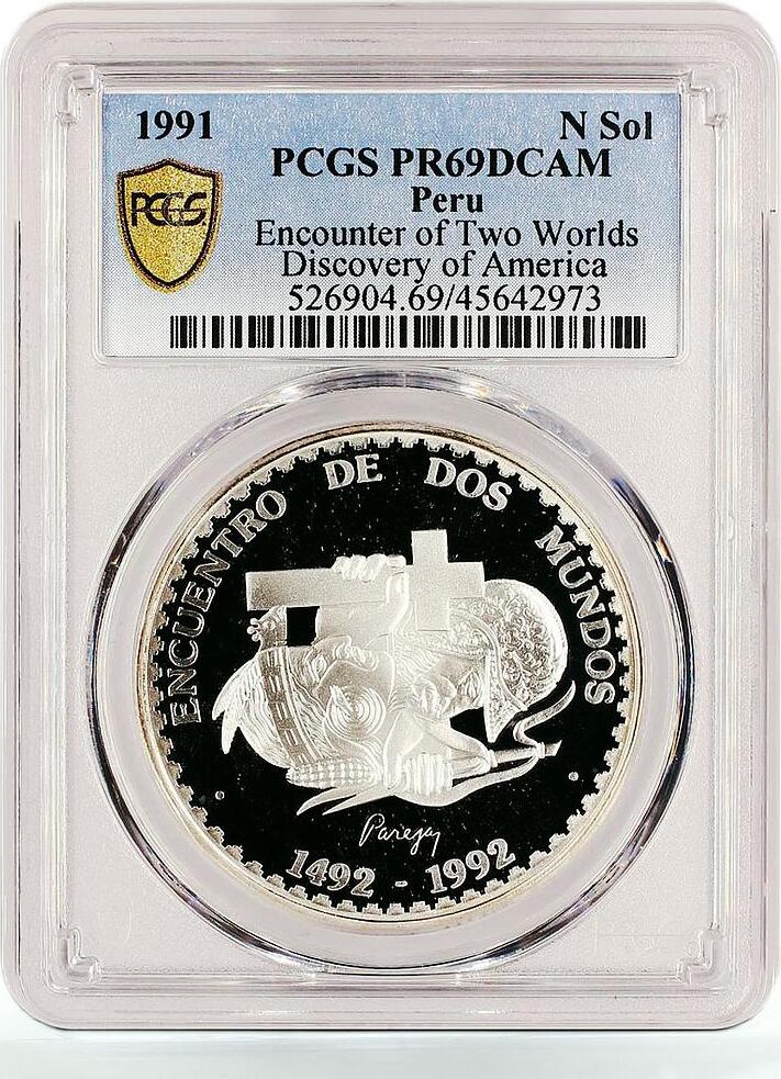 Peru 1 sol Meeting of Two Worlds Conquistador Indian PR69 PCGS silver ...