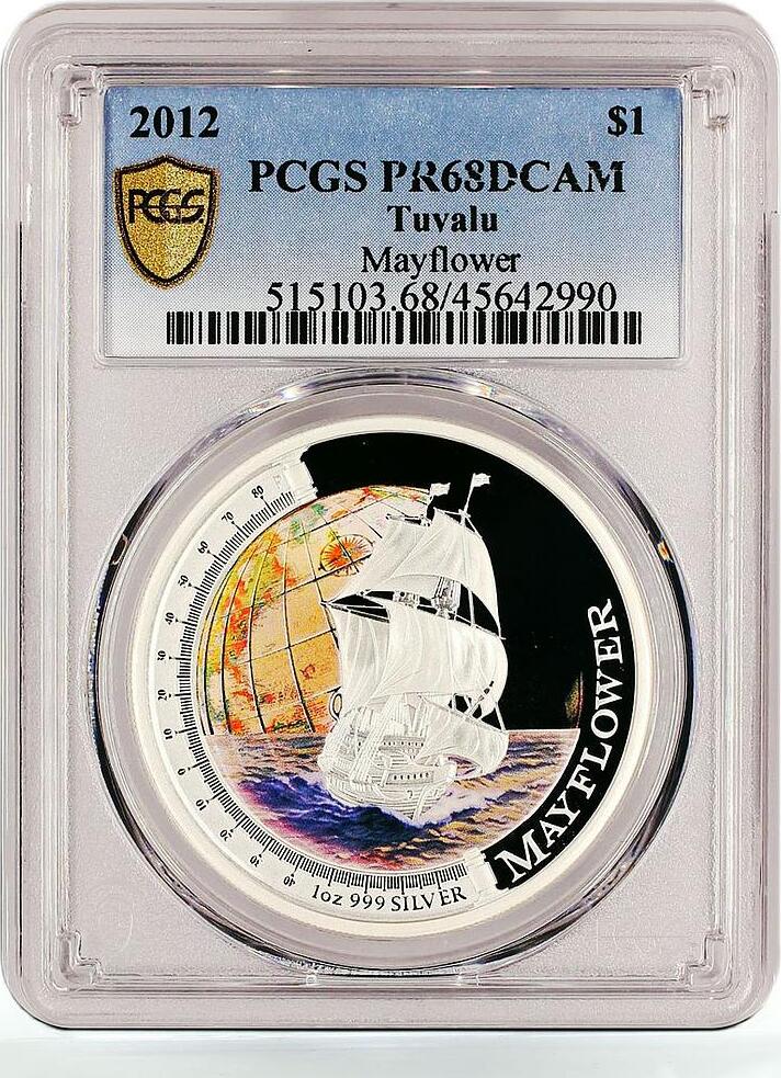 Tuvalu 1 dollar Mayflower Ship Clipper Seafaring Globus PR68 PCGS Ag ...