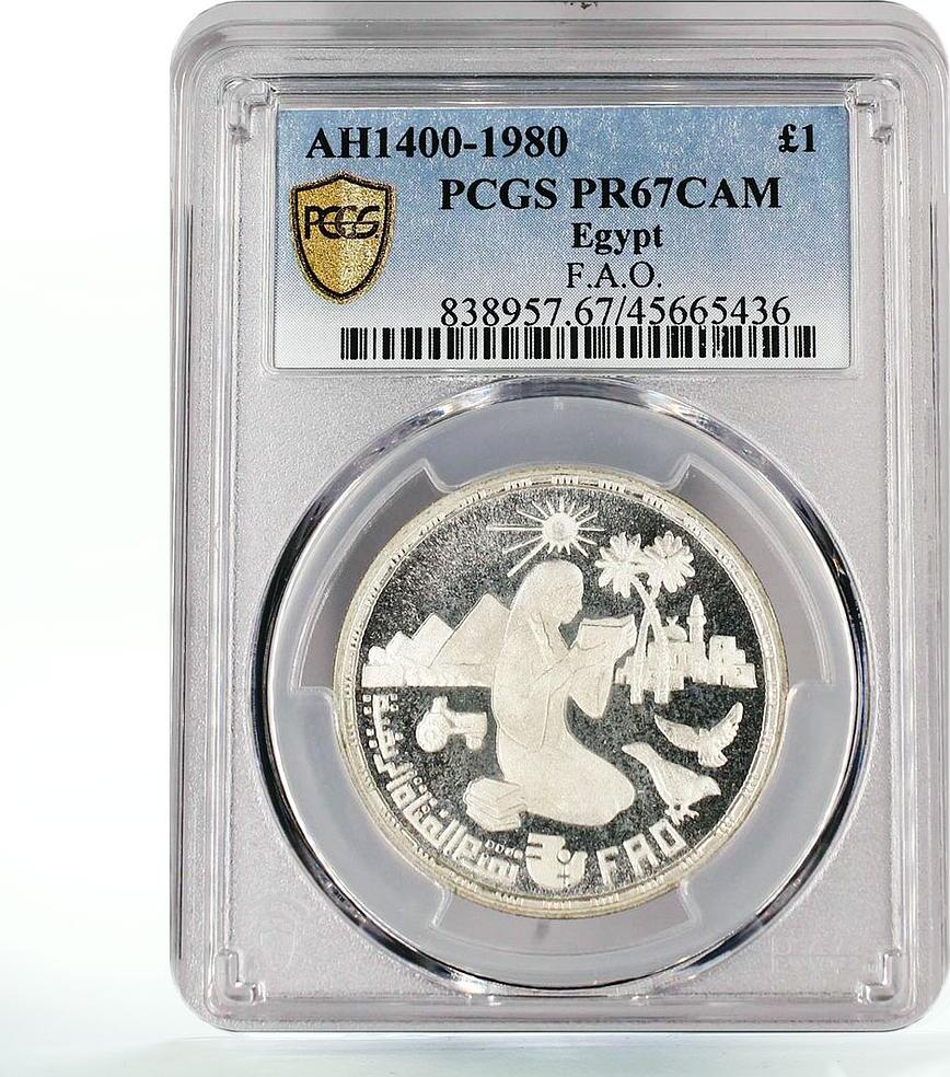 Egypt 1 pound FAO Woman Reading Two Birds Tractor PR67 PCGS silver coin ...