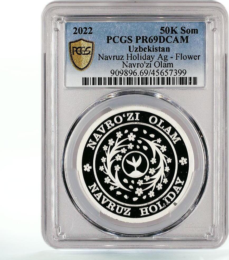 Uzbekistan 50000 som Traditional Navruz Holiday Flower PR69 PCGS Ag ...