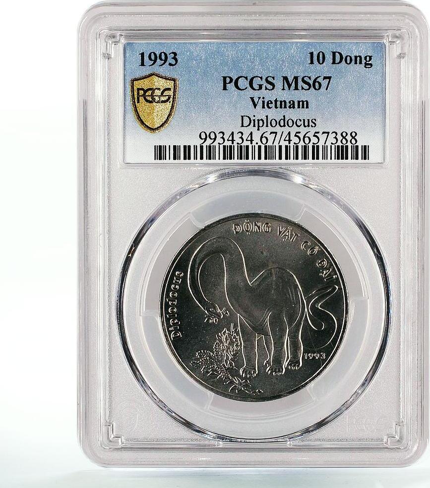 Vietnam 10 dong Dinosaur Diplodocus MS67 PCGS CuNi coin 1993 UNC | MA-Shops