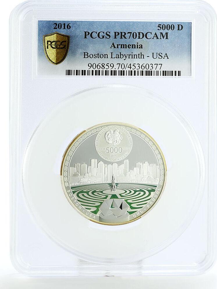 Armenia 5000 dram USA Boston Labyrinth Architecture PR70 PCGS silver ...