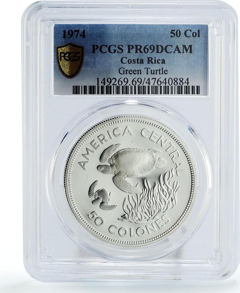 Costa Rica 50 colones Conservation Green Turtle PR69 PCGS silver coin ...