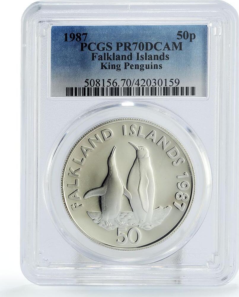 Falkland Islands 50 pence King Penguins Fauna PR70 PCGS silver coin ...