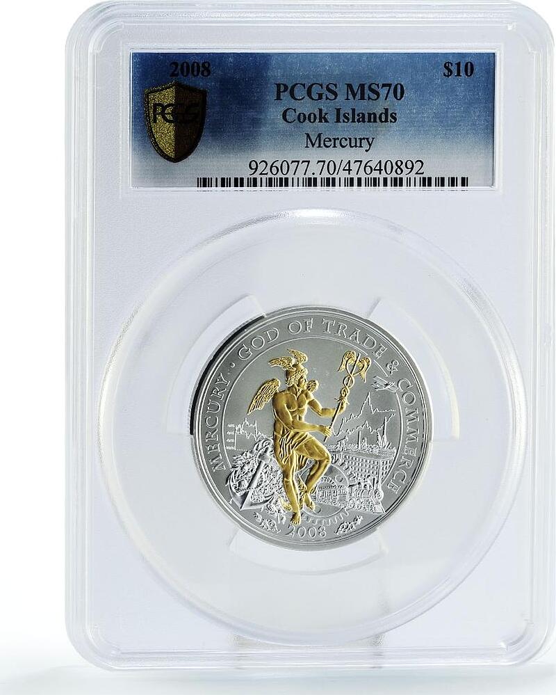 Cook Islands 10 dollars Mercury God of Trade Commerce Train MS70 PCGS ...