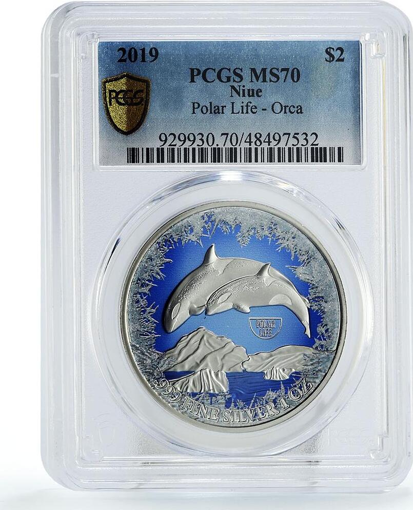 Niue 2 dollars Conservation Wildlife Orca Polar Fauna MS70 PCGS silver ...