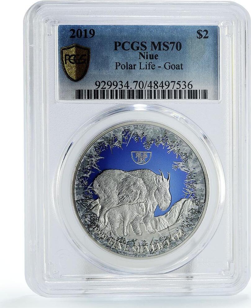 Niue 2 dollars Conservation Wildlife Goat Polar Fauna MS70 PCGS silver ...