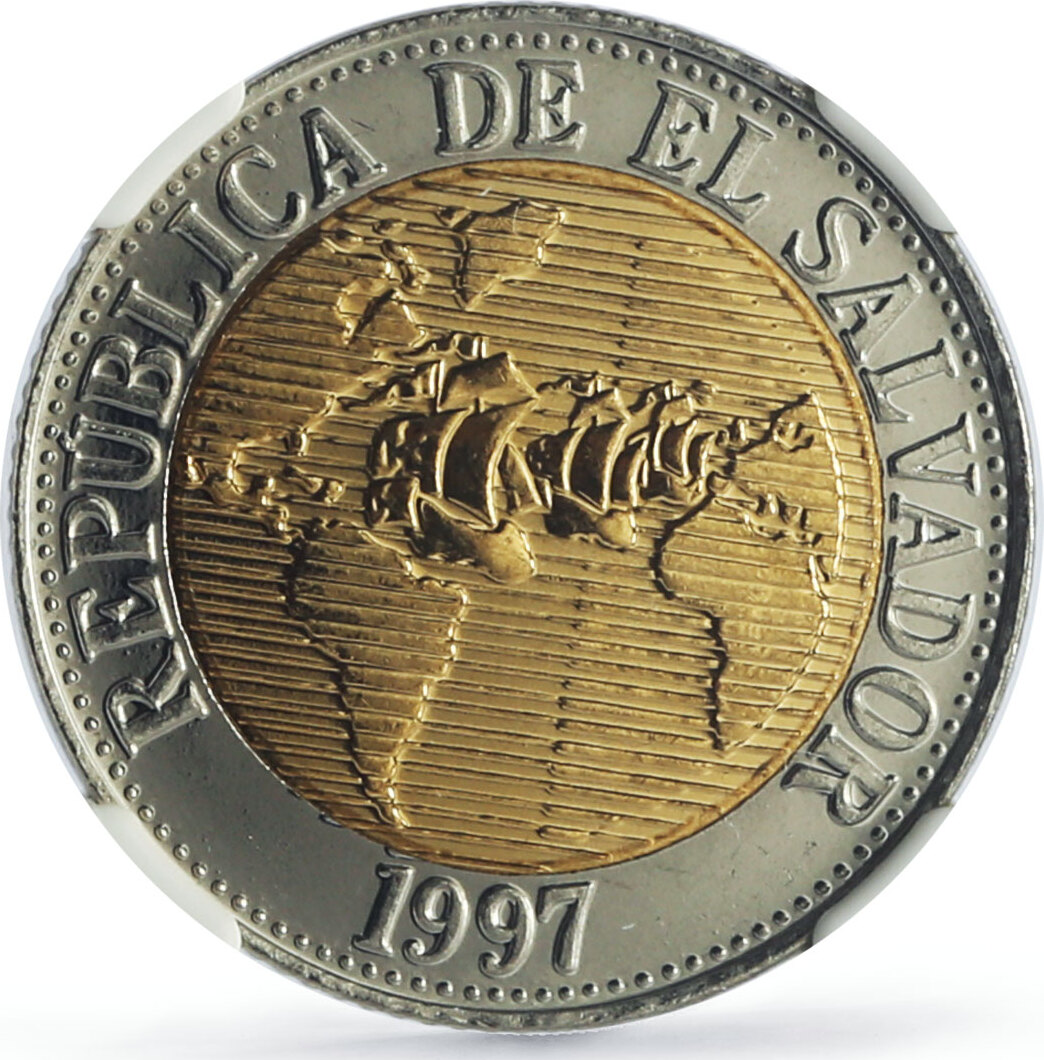 El Salvador Salvador 5 colones Columbus Sailing Ships Continent MS63 ...
