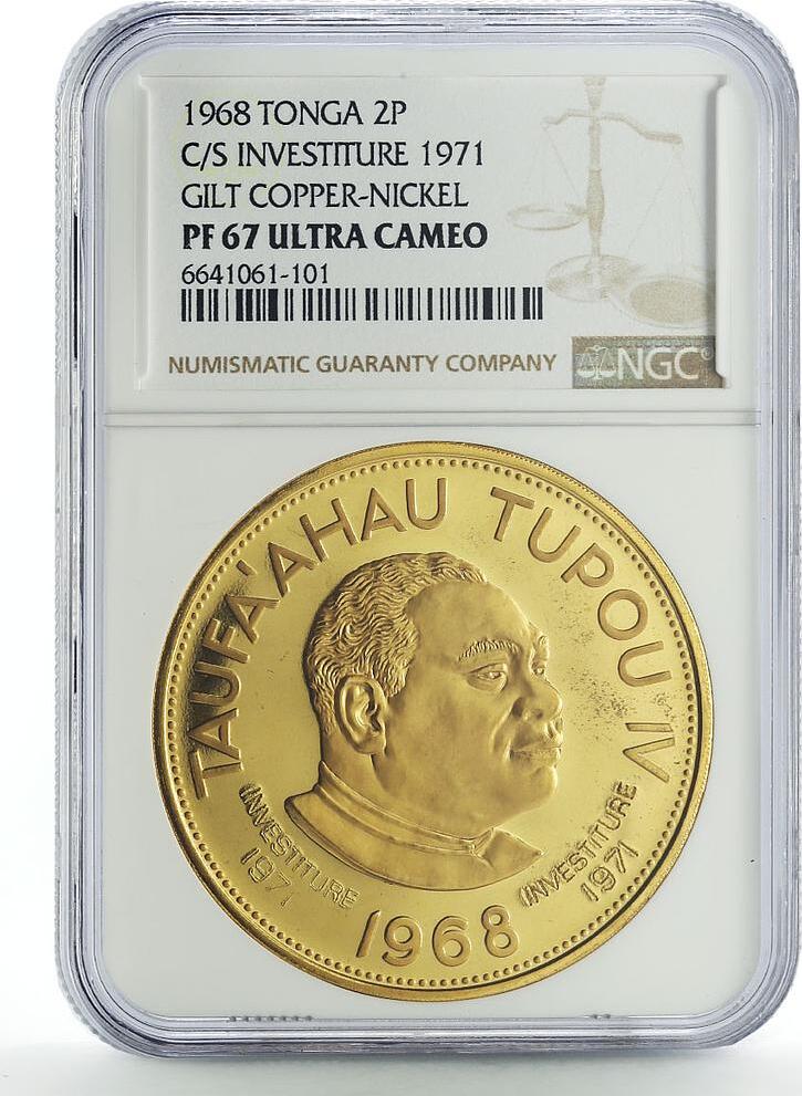 Tonga 2 paanga Investiture King Tupou IV Politics PF67 NGC KM-37 gilded ...
