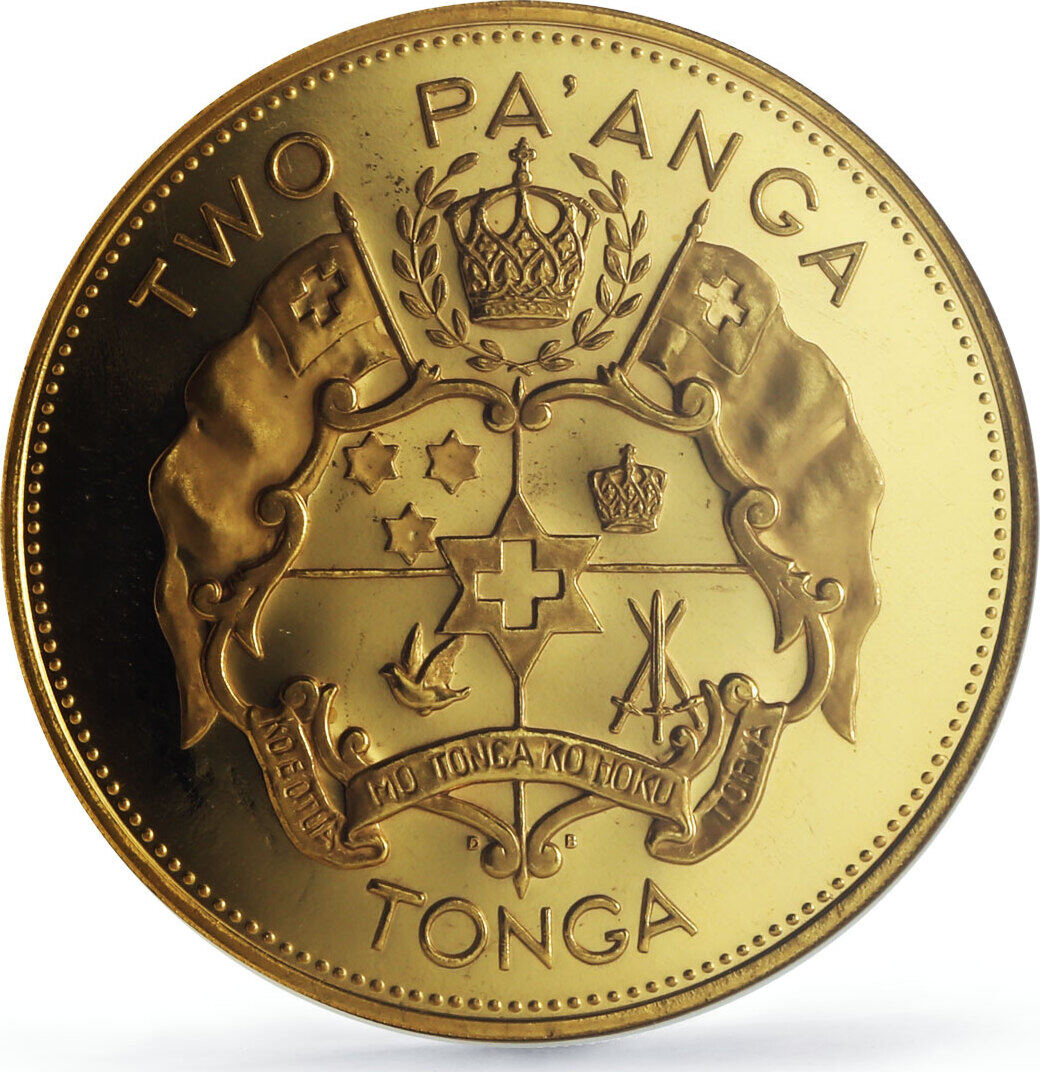 Tonga 2 paanga Investiture King Tupou IV Politics PF67 NGC KM-37 gilded ...